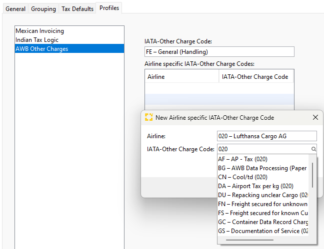 How can I set up airline specific other charge codes?