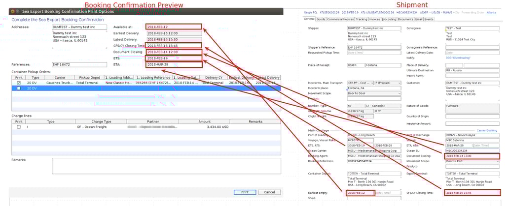 How Sea Export Booking Confirmation (Print) is linked to Shipment data