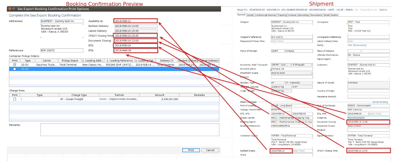 How Sea Export Booking Confirmation (Print) is linked to Shipment data