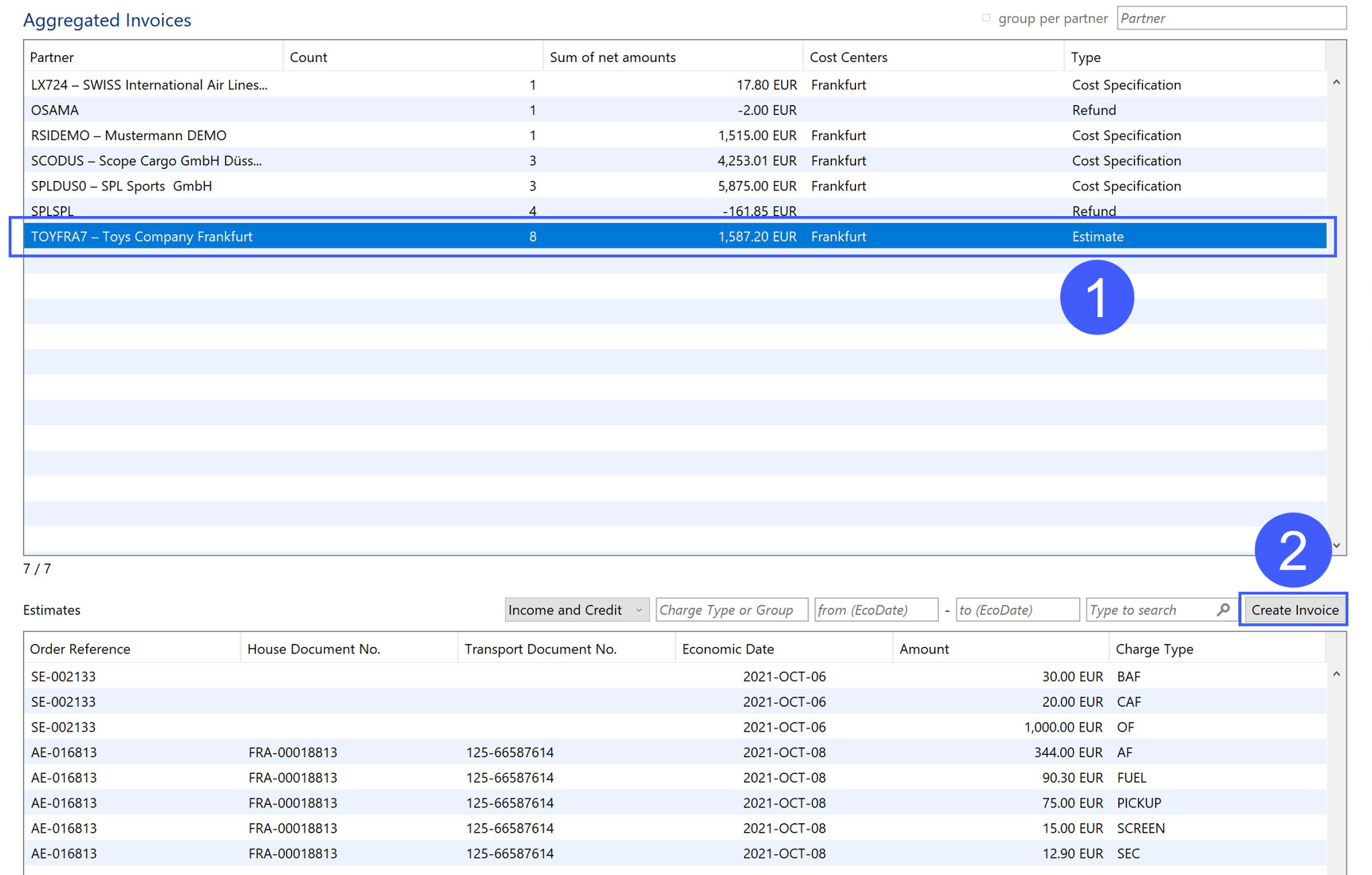 How can I create aggregated invoices by estimate/cost specification?