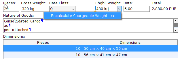 How do I adjust the chargeable weight and dimensions on an AWB?