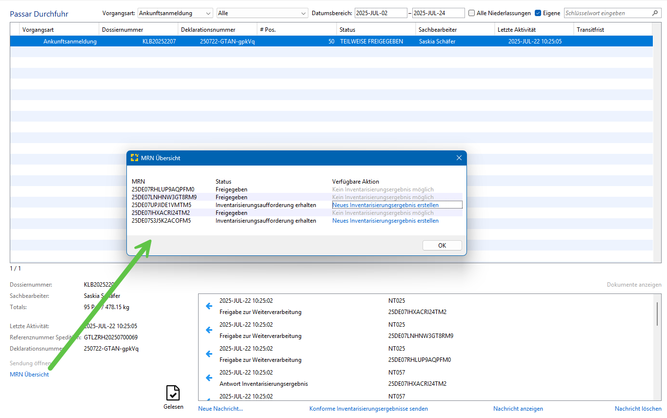 Was ist die MRN Übersicht bei der Ankunftsanmeldung und wozu dient sie?